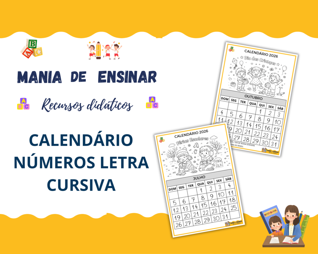 Calendário – Números Letra cursiva – Mania de Ensinar Recursos Didáticos